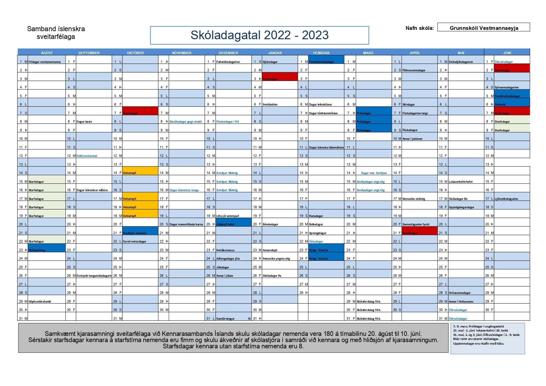 Breytingar á núverandi skóladagatali | Grunnskóli Vestmannaeyja