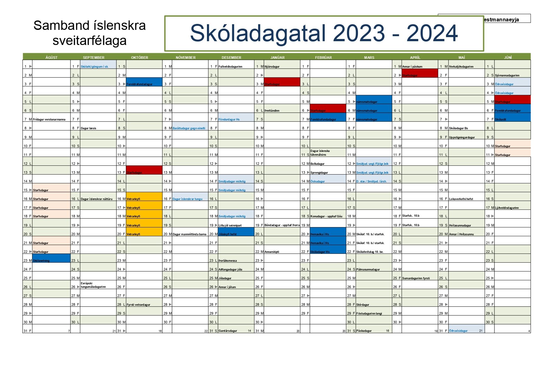 Breyting á skóladagatali | Grunnskóli Vestmannaeyja